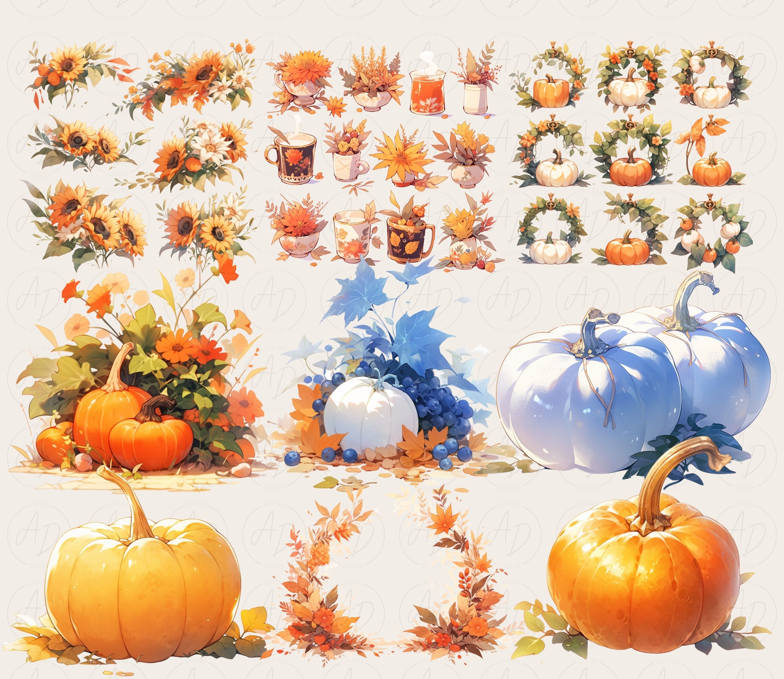 Autumn Clipart Fall Pumpkin Clip Art Thanksgiving Florals Watercolor ...