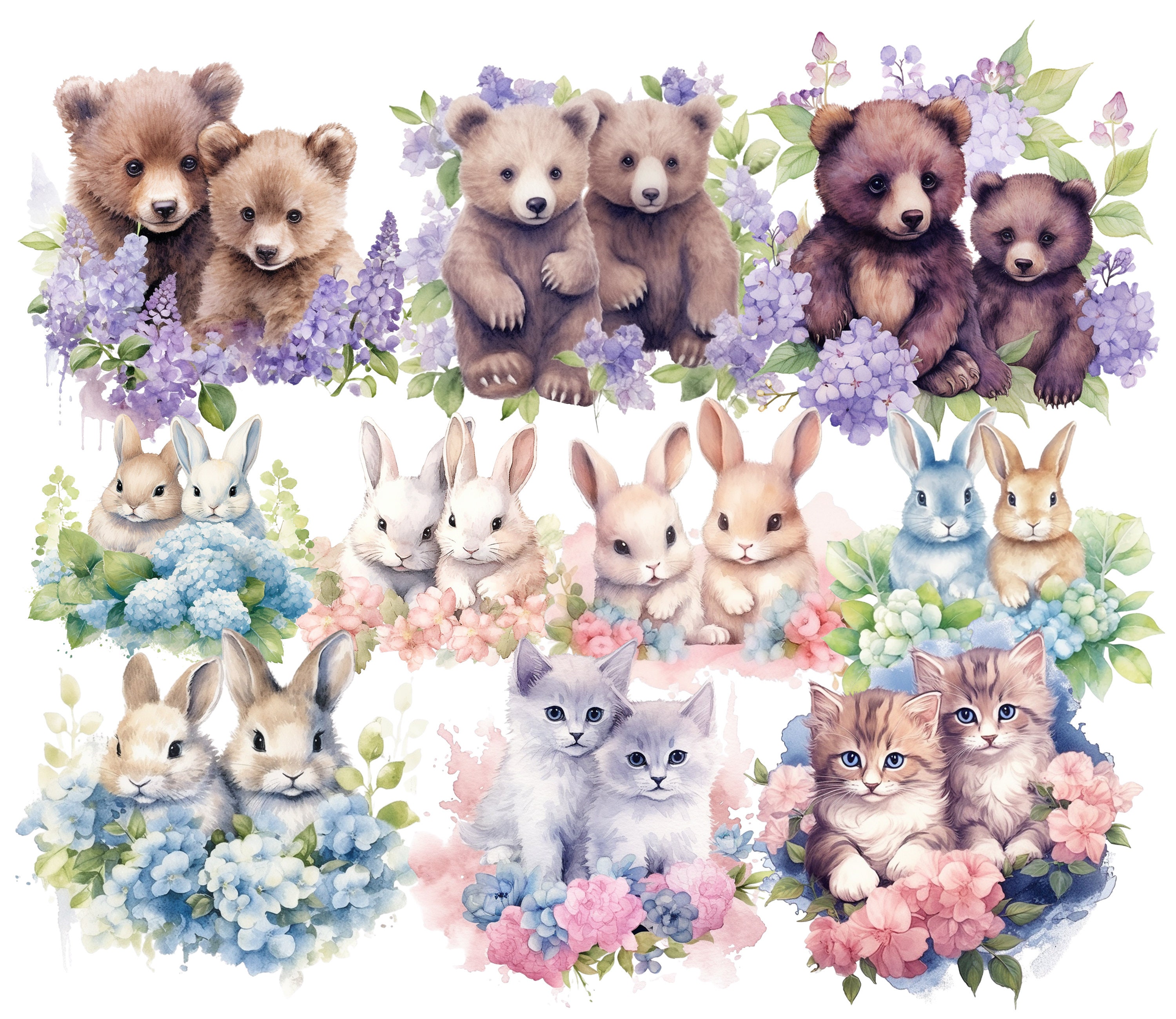 Cute Baby Animals PNG Clipart Bundle Watercolor Cute Animals - Etsy