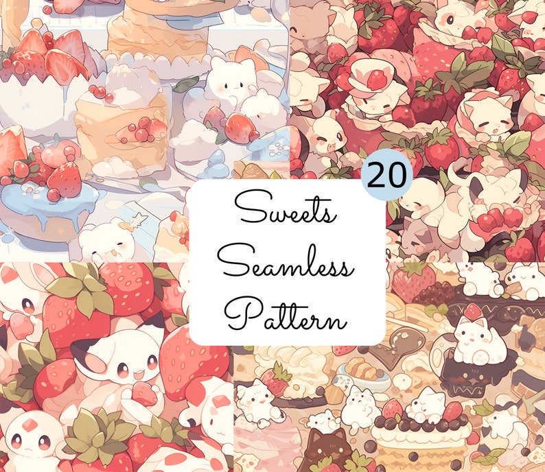 Kawaii Pattern Anime Seamless Pattern Cake Kitten Digital Paper Anime ...