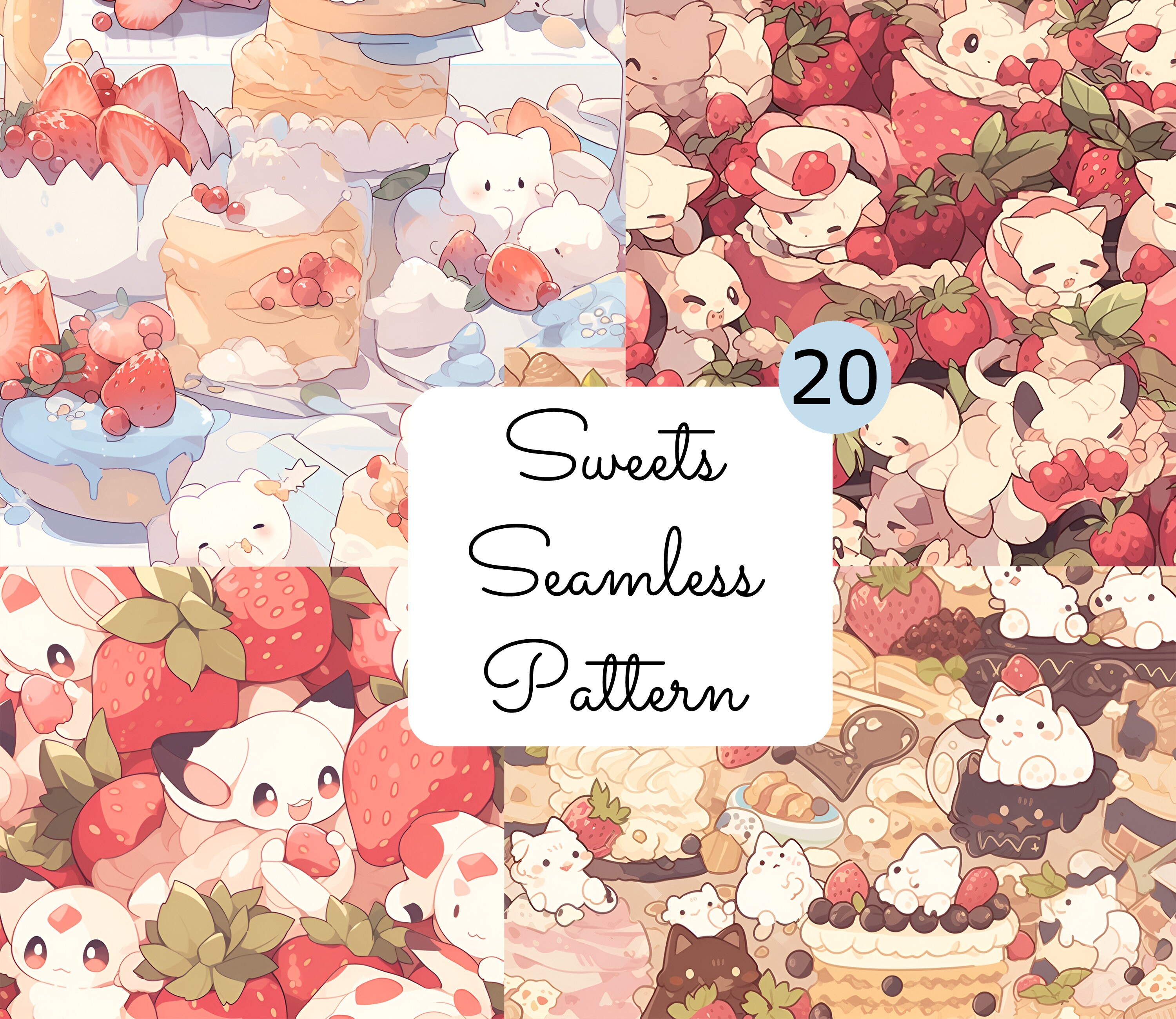 Kawaii Pattern Anime Seamless Pattern Cake Kitten Digital Paper Anime ...