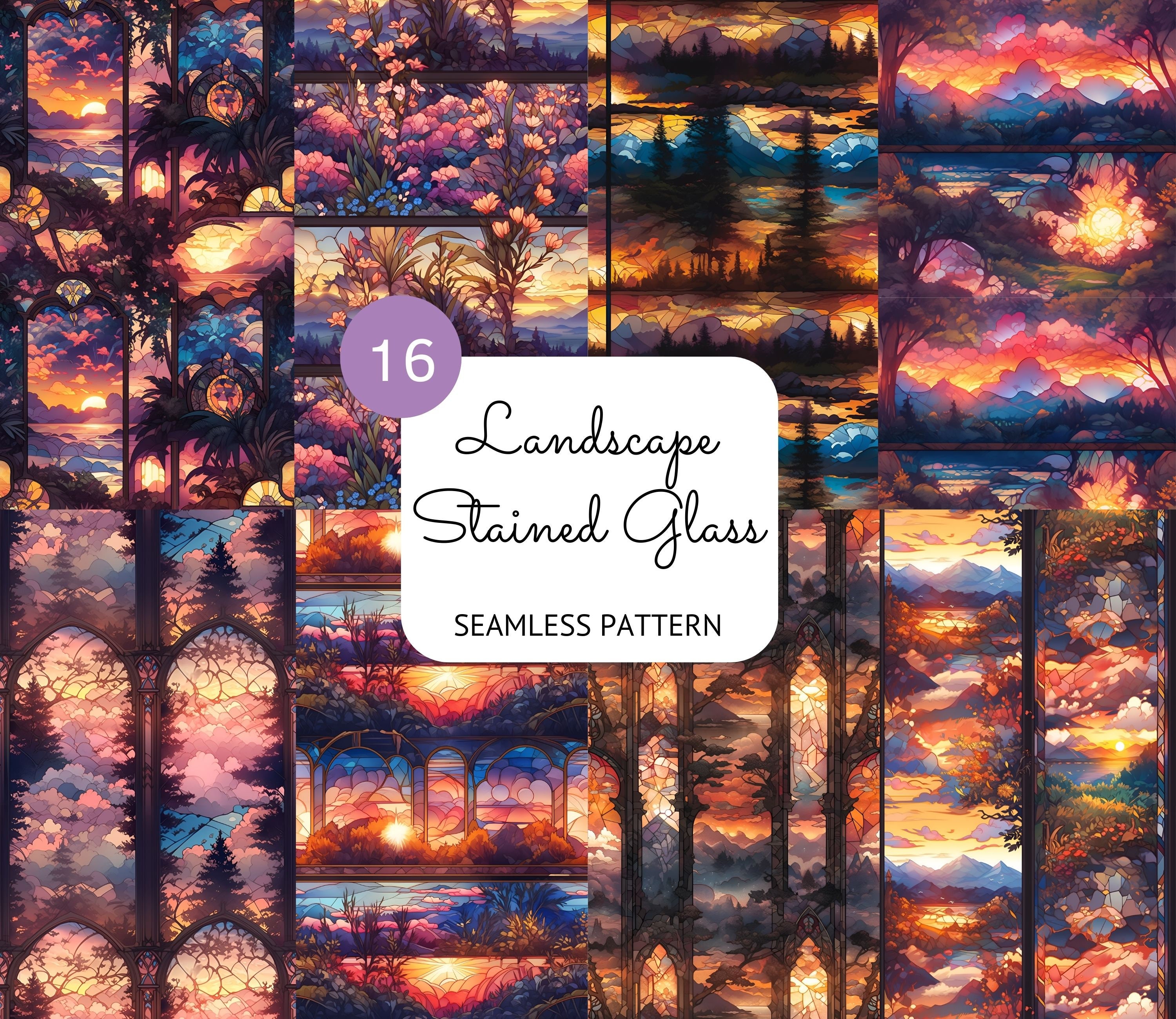 Landscape Stained Glass Seamless Pattern Floral Sunset Stained Glass ...