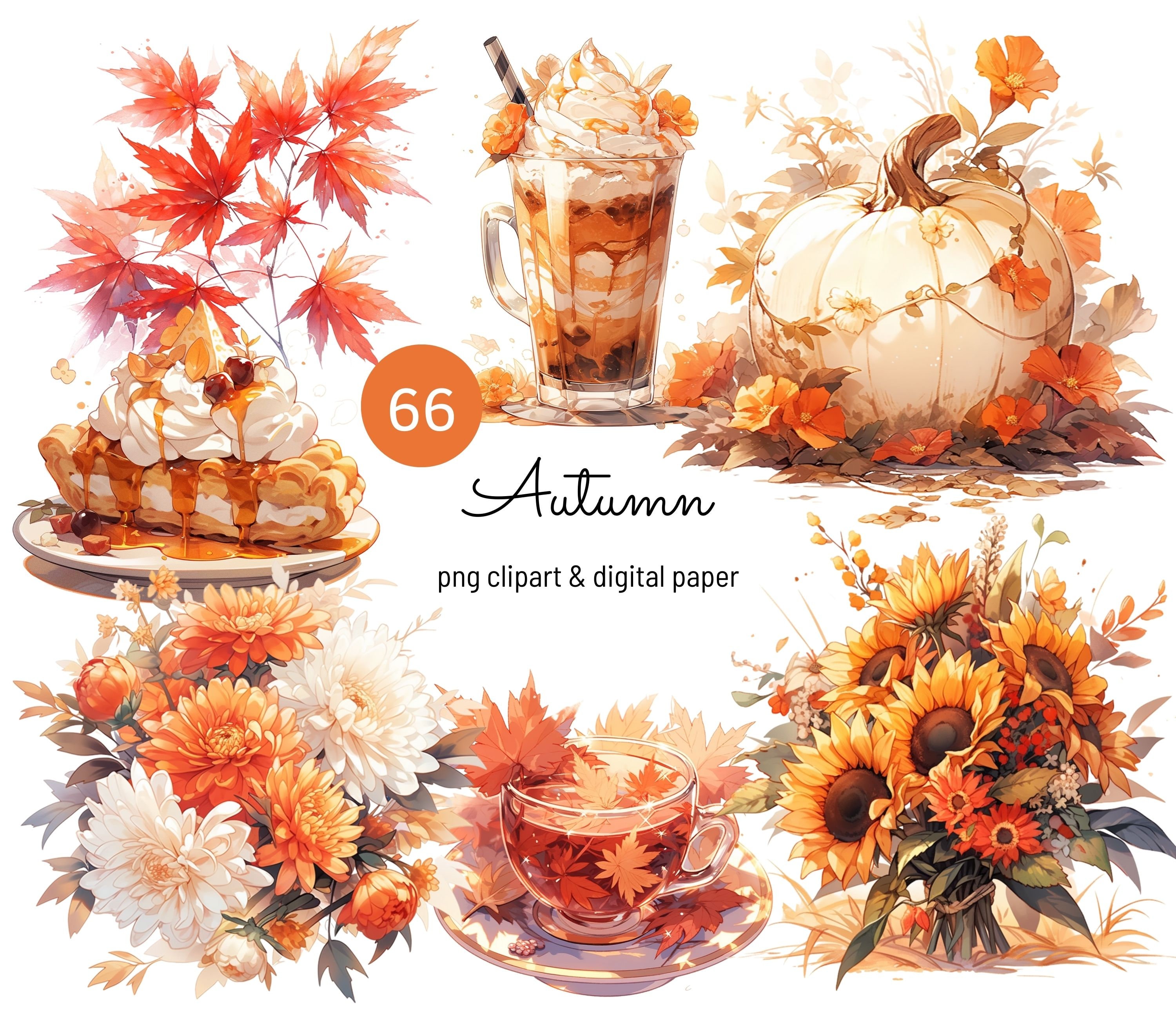 Autumn Clipart Fall Pumpkin Clip Art Thanksgiving Florals Watercolor ...