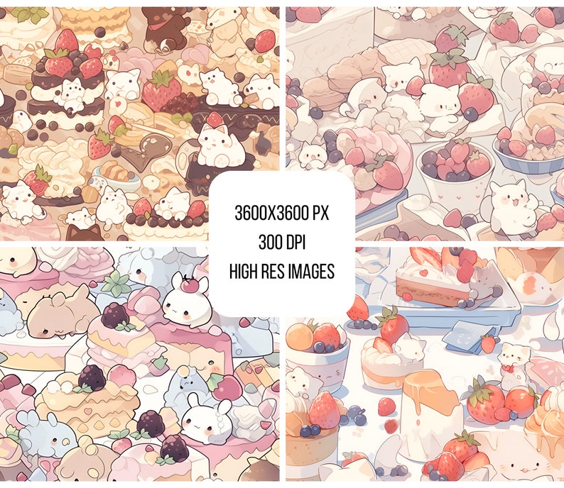 Kawaii Pattern Anime Seamless Pattern Cake Kitten Digital Paper Anime ...