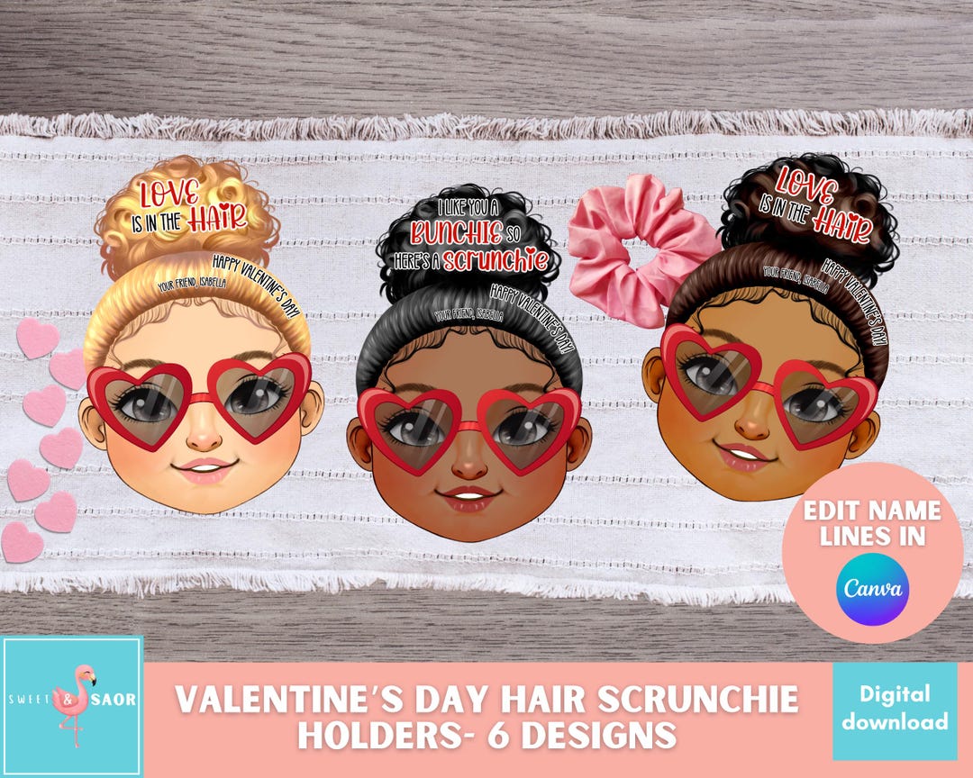 Printable Valentine's Day Scrunchie Tag, Editable Girls Hair Tie Holder ...