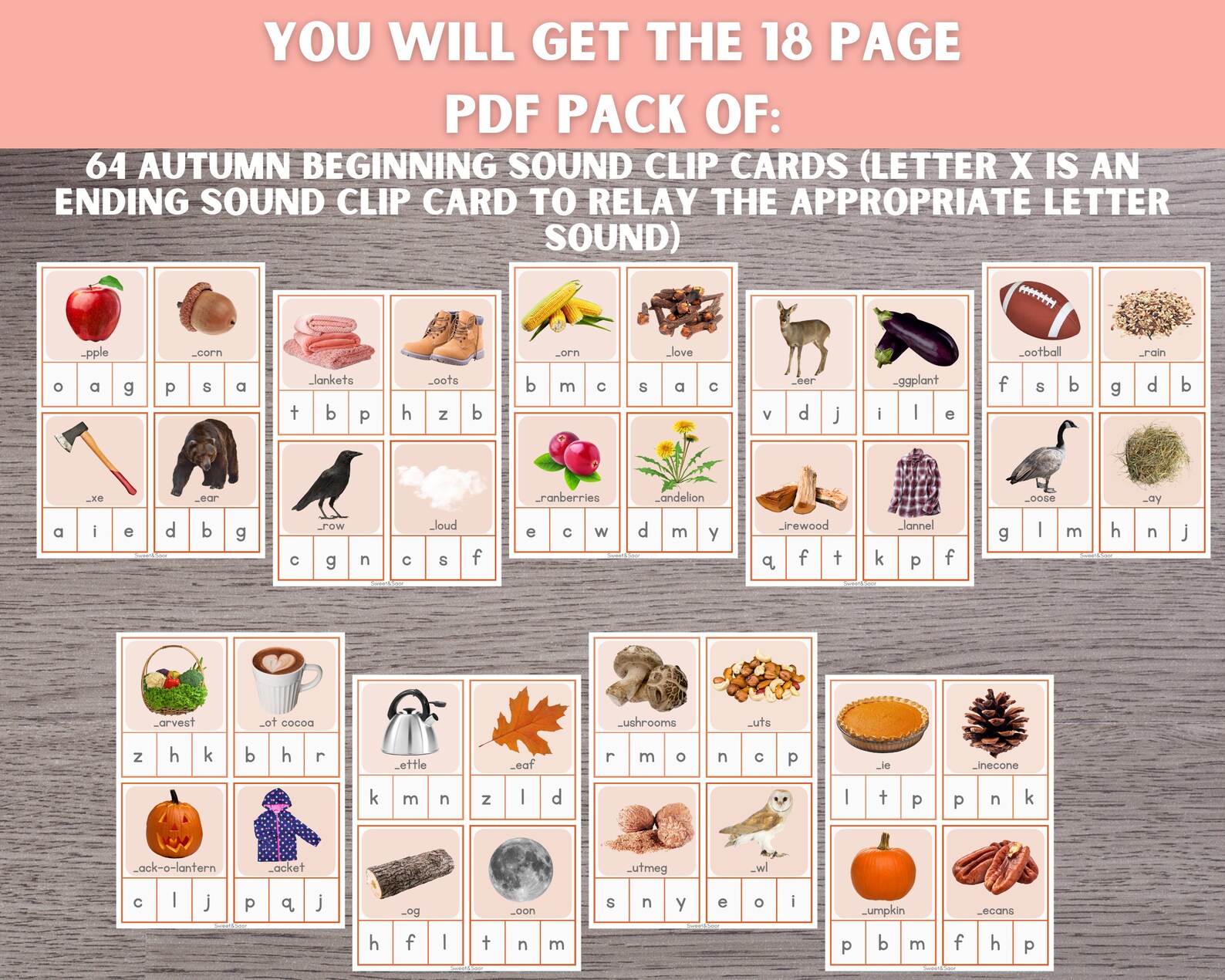 Autumn Beginning Sound Clip Cards, Fall First Letter Sounds Clip Cards ...