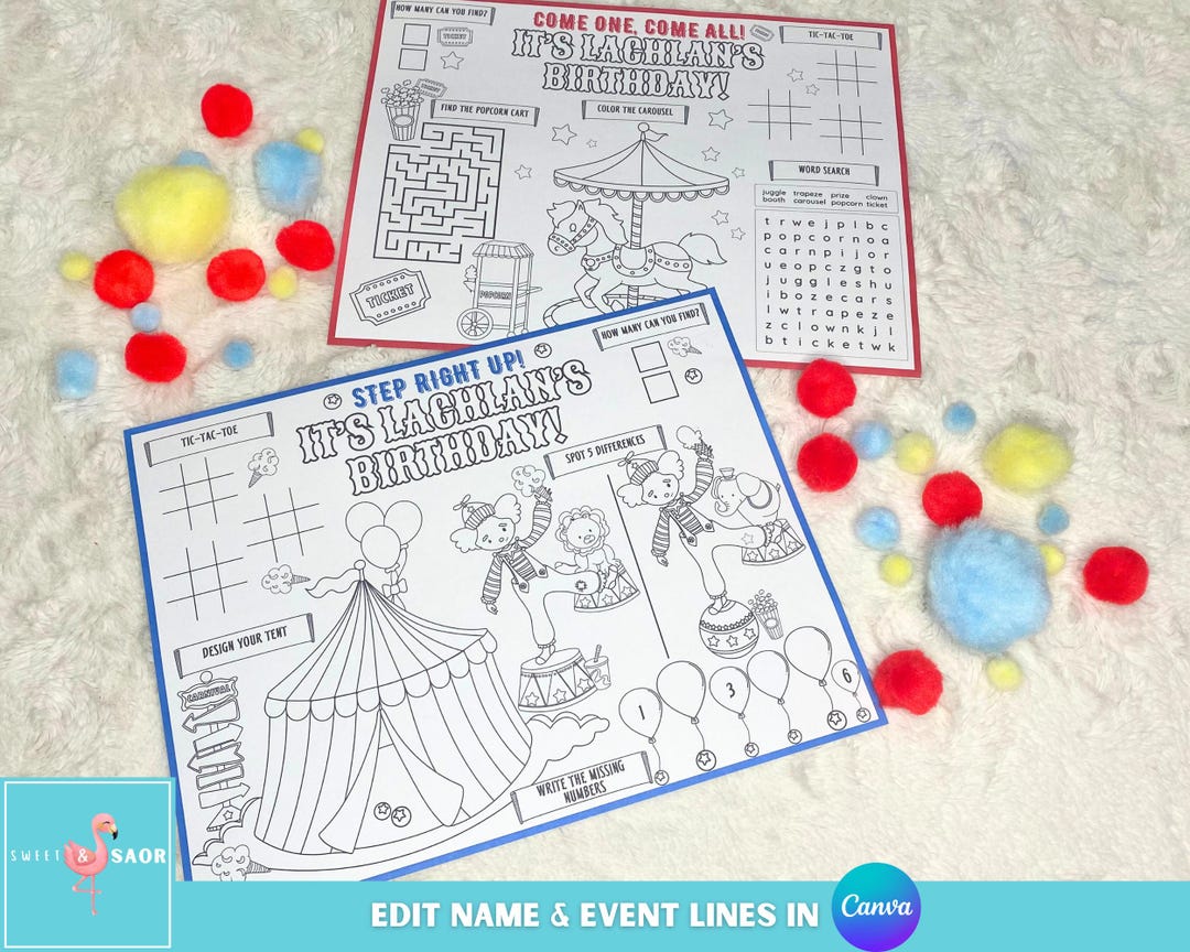 Editable Carnival Party Placemat, Circus Birthday Party Coloring Page ...