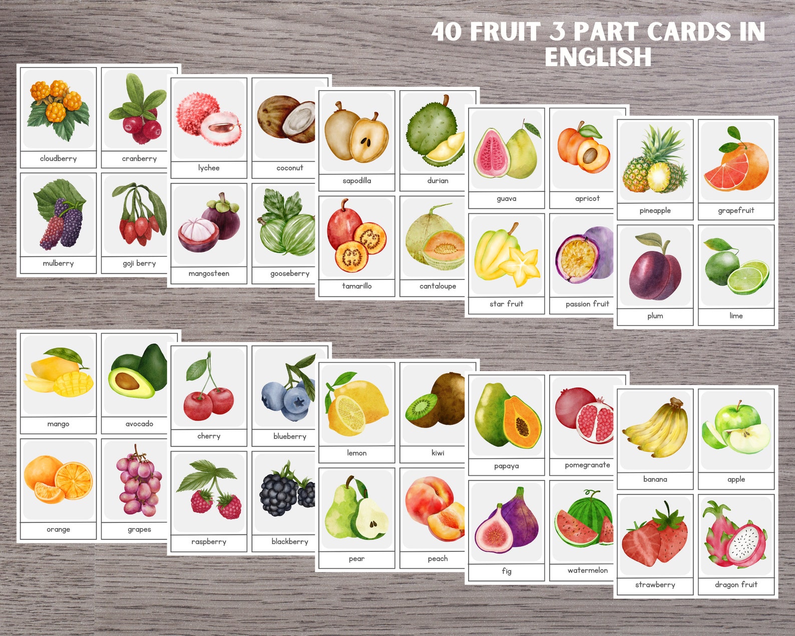 Fruits Flash Cards, Montessori 3 Part Fruit Cards, Montessori Cards ...