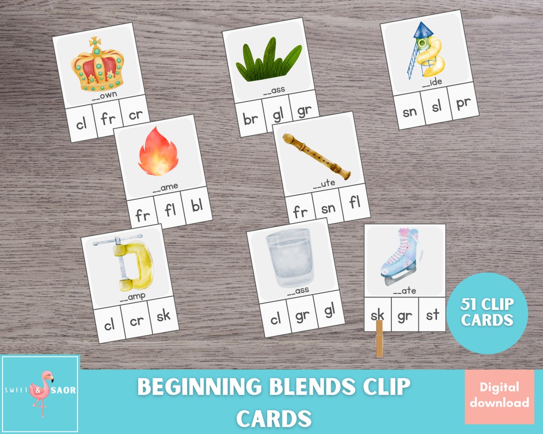 Beginning Consonant Blends Clip Cards, Blue Series Reading Printable ...