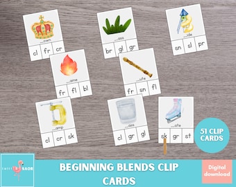 Beginning Consonant Blends Clip Cards montessori Blue Series Printable ...