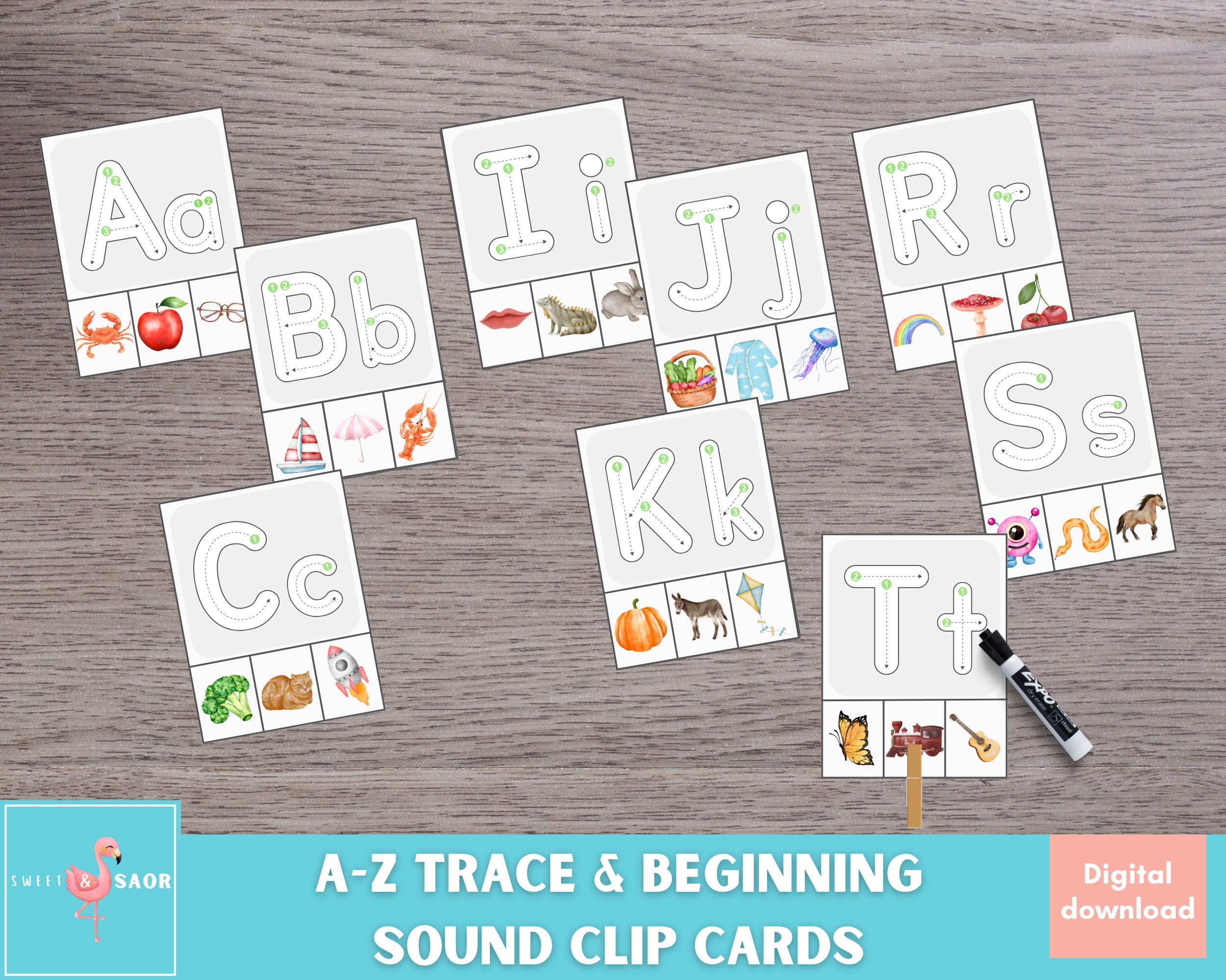 A to Z Letter Trace and Beginning Sounds Clip Cards, Letter Sounds ...