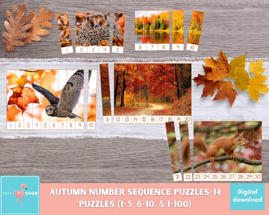 Autumn Number Sequence Puzzles, Printable Fall Number Counting Puzzle ...