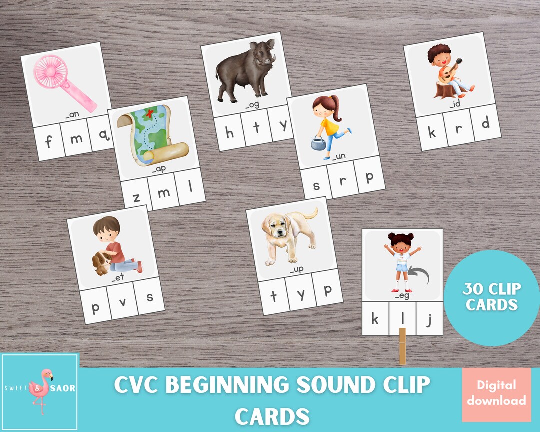CVC Beginning Sound Clip Cards, Phonics Printable, Beginning Sound ...