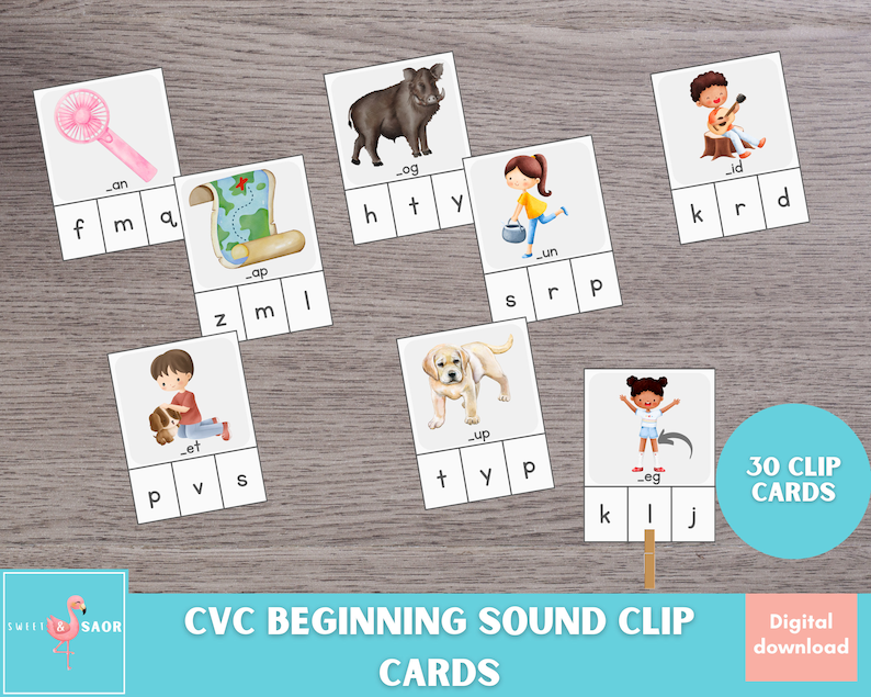 CVC Beginning Sound Clip Cards, Phonics Printable, Beginning Sound ...