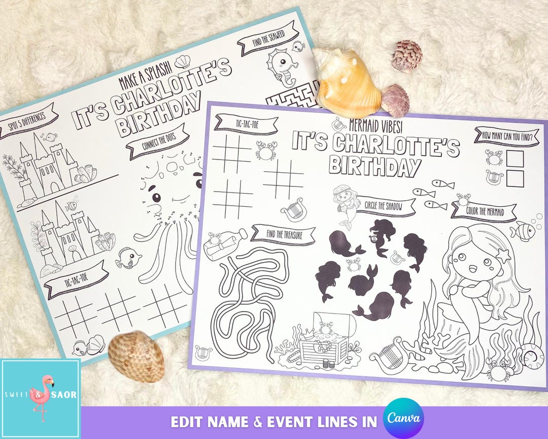 Editable Mermaid Activity Placemat, Printable Under the Sea Party ...