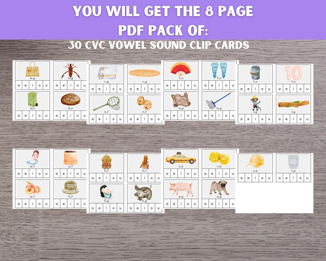 CVC Vowel Sound Clip Cards, Phonics Printable, CVC Middle Sounds Clip ...