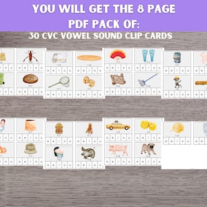 CVC Vowel Sound Clip Cards, Phonics Printable, CVC Middle Sounds Clip ...