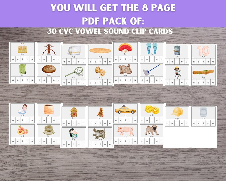 CVC Vowel Sound Clip Cards, Phonics Printable, CVC Middle Sounds Clip ...