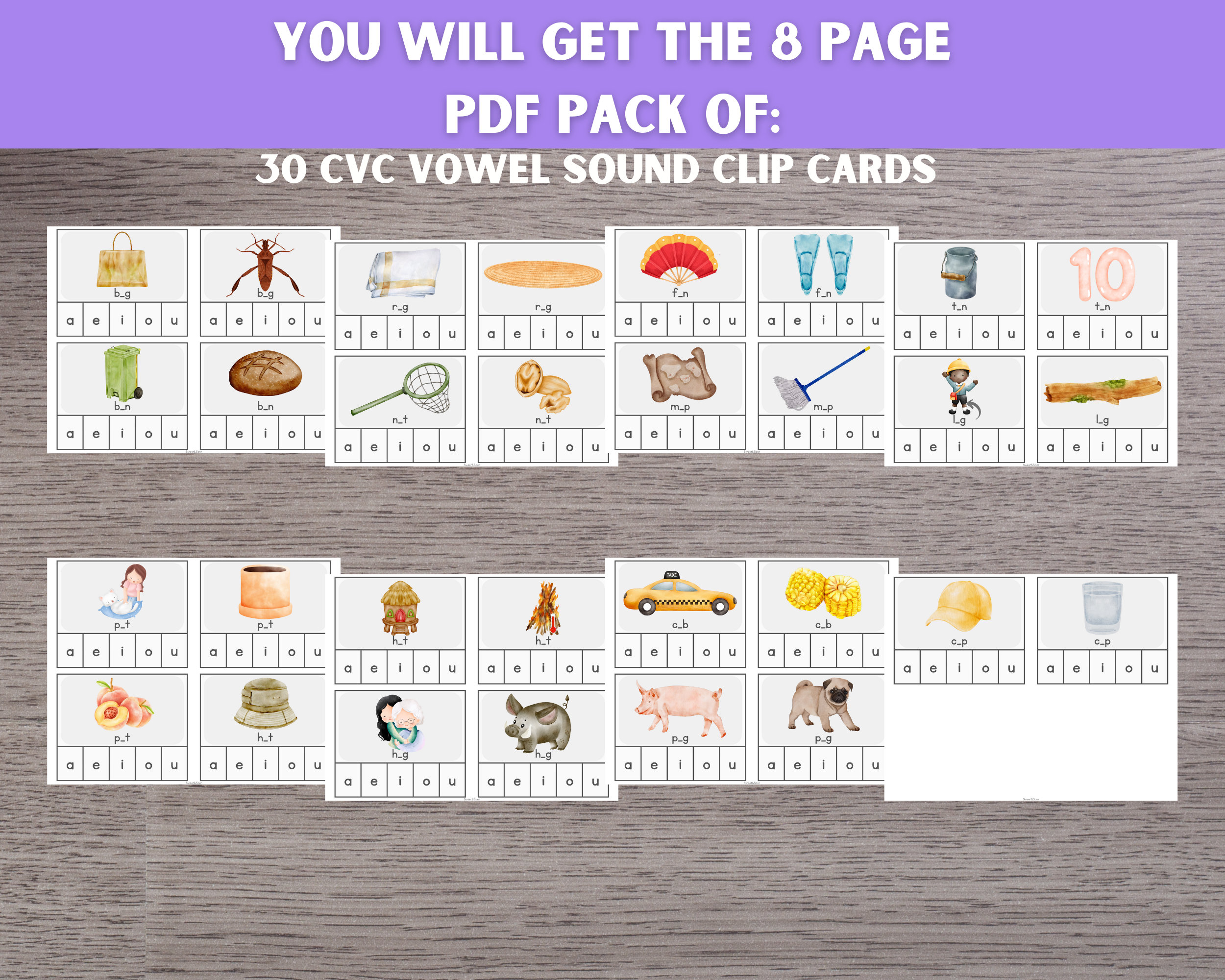 CVC Vowel Sound Clip Cards, Phonics Printable, CVC Middle Sounds Clip ...