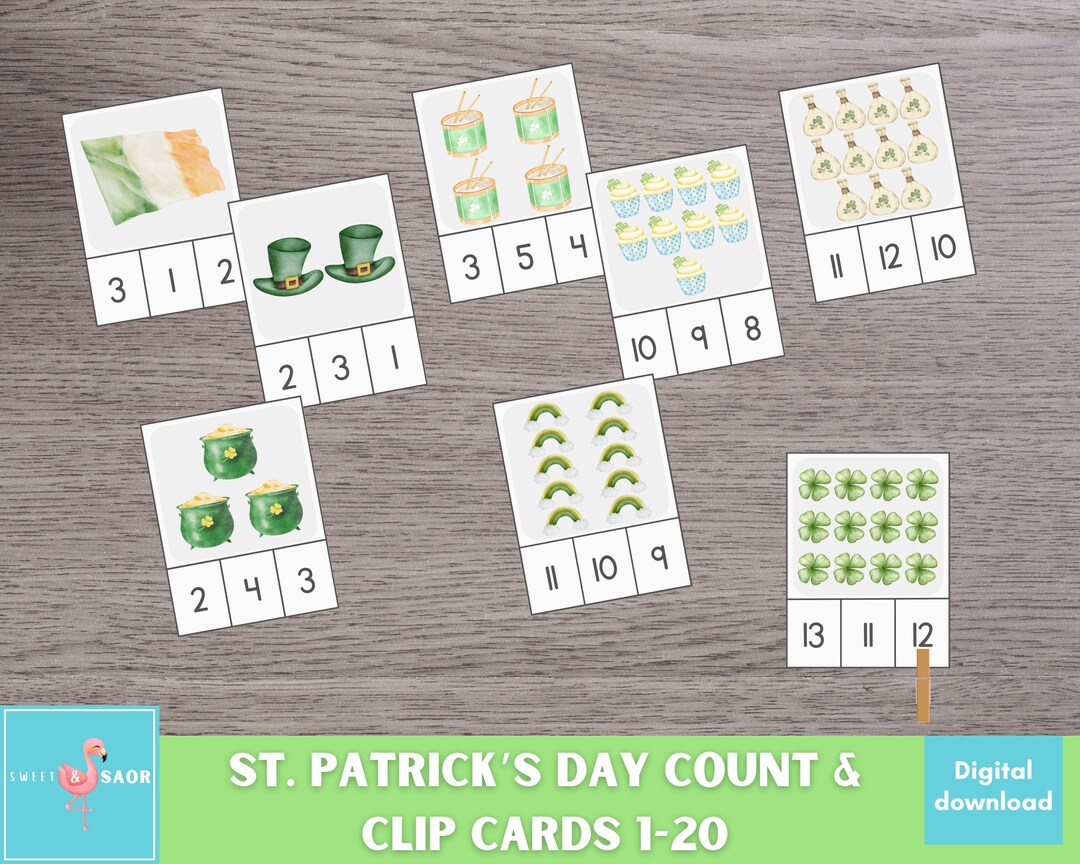 St. Patrick's Day Count and Clip Cards: Numbers 1-20 (digital Download ...