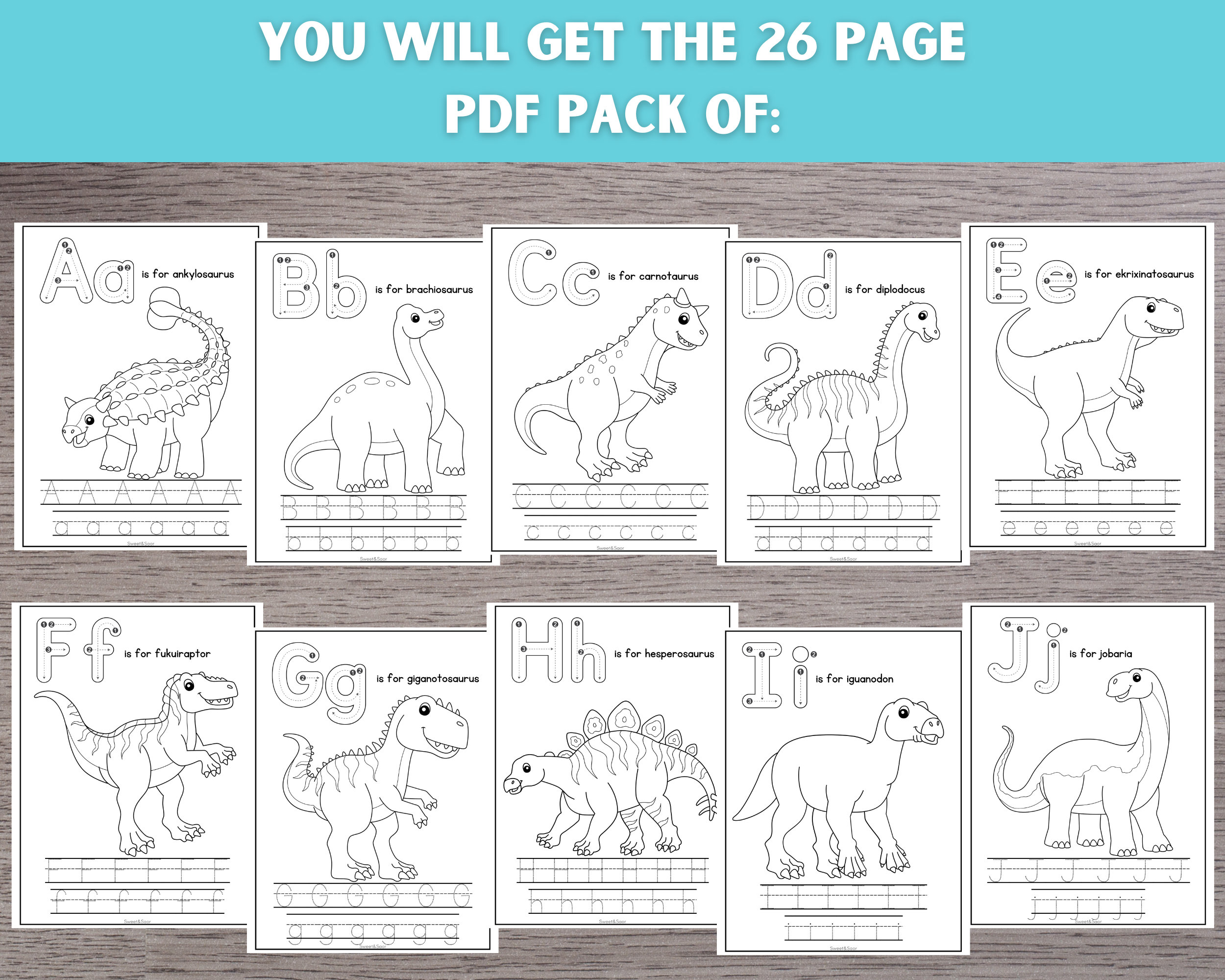 Dinosaur Alphabet Coloring Pages: Letter Tracing Worksheets (digital ...