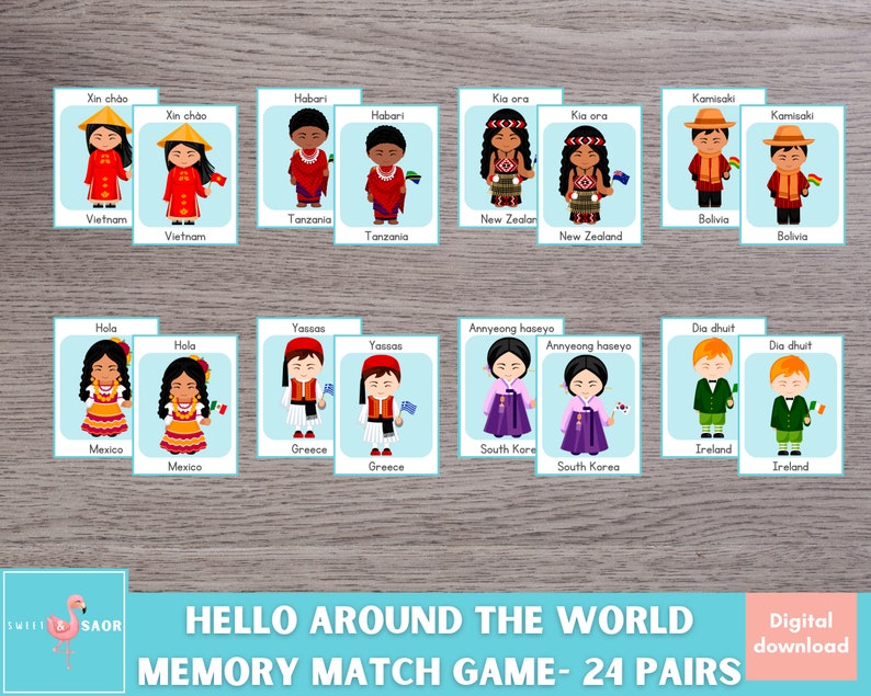 Multicultural Hello Memory Game: Language Matching Activity (digital ...