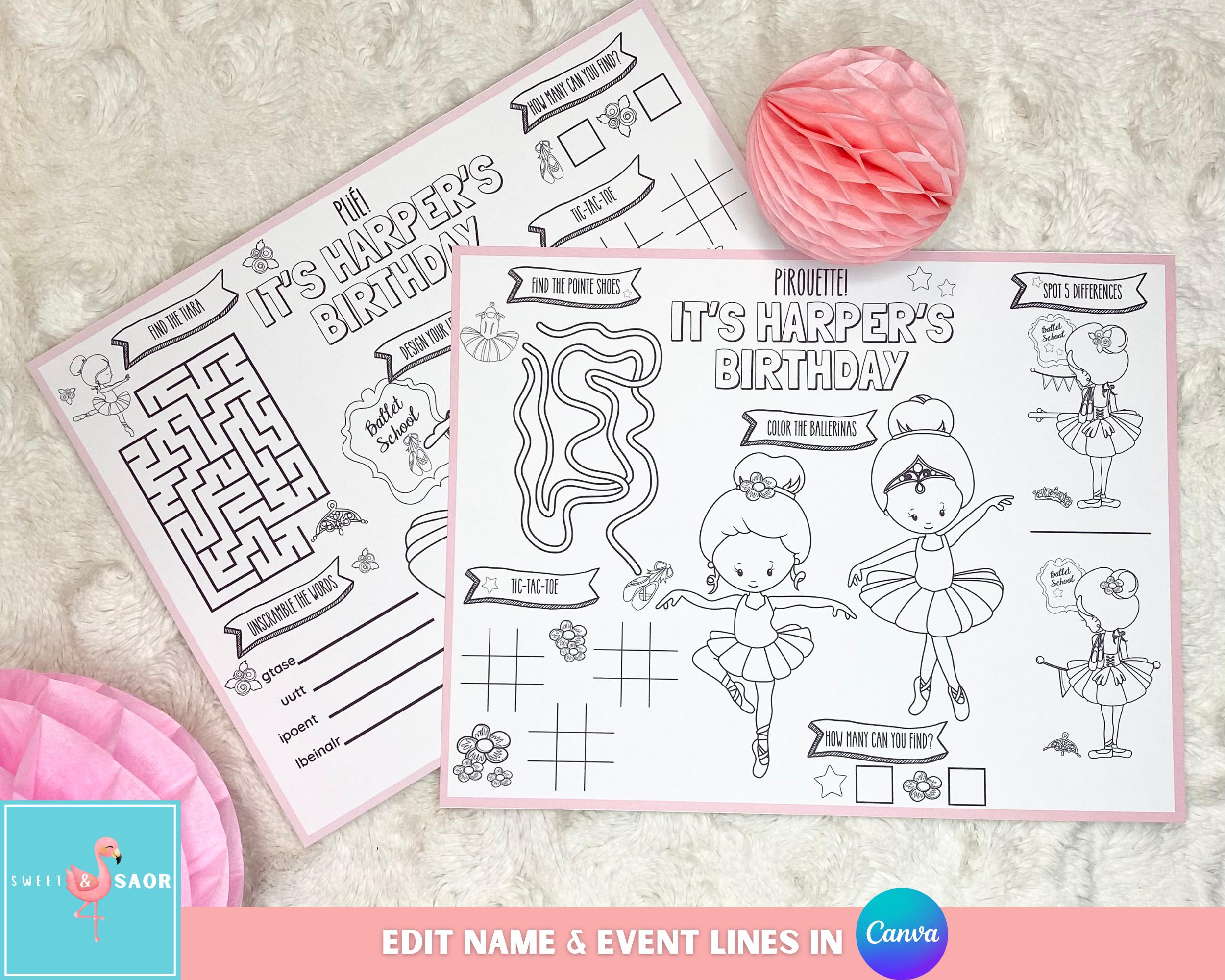 Editable Ballerina Activity Placemat, Printable Ballet Birthday Party ...