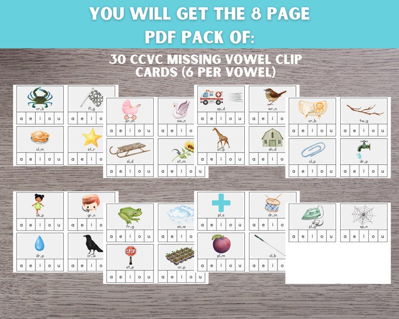 CCVC Words Missing Vowel Clip Cards, Blue Series Reading Printable ...