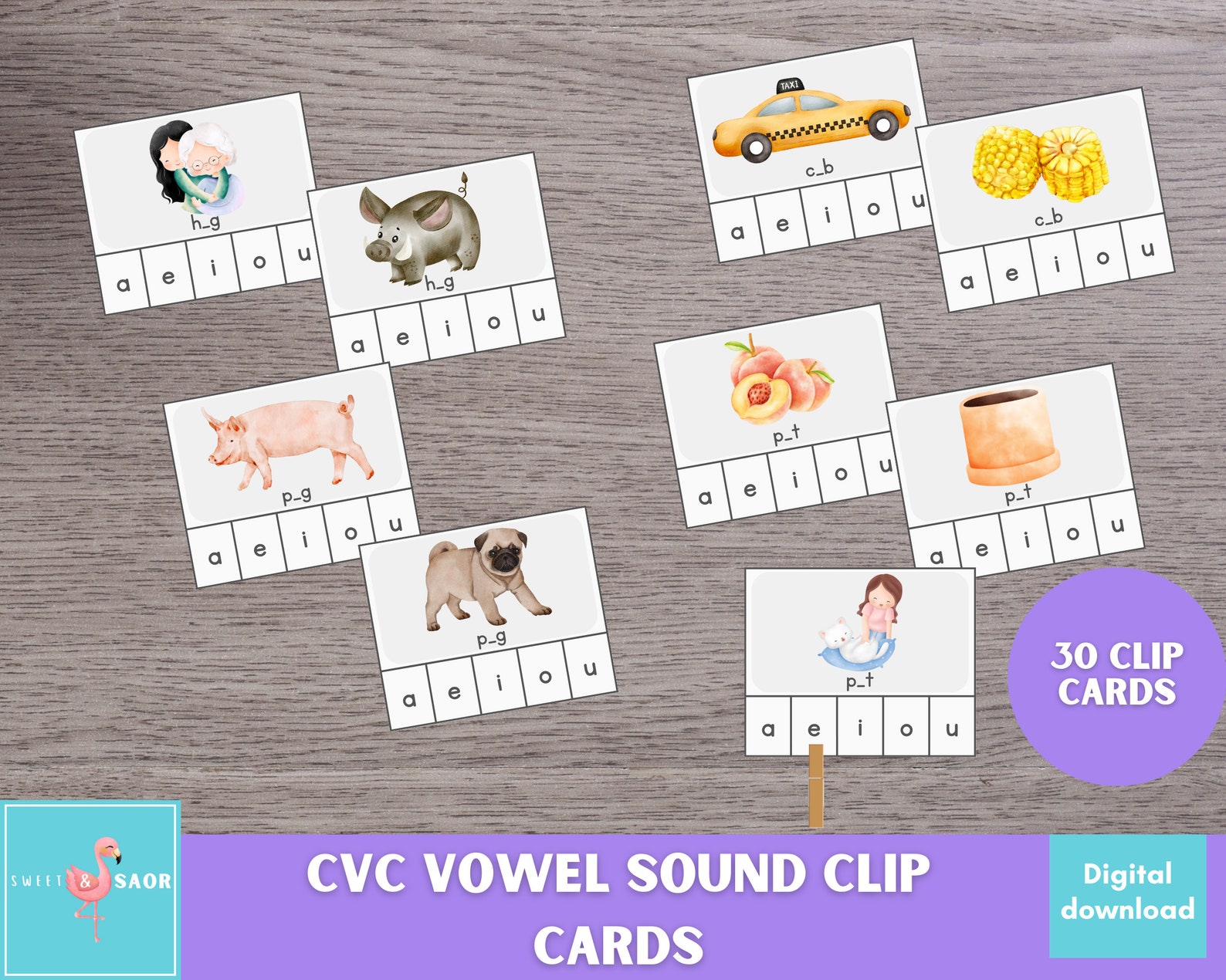CVC Vowel Sound Clip Cards, Phonics Printable, CVC Middle Sounds Clip ...