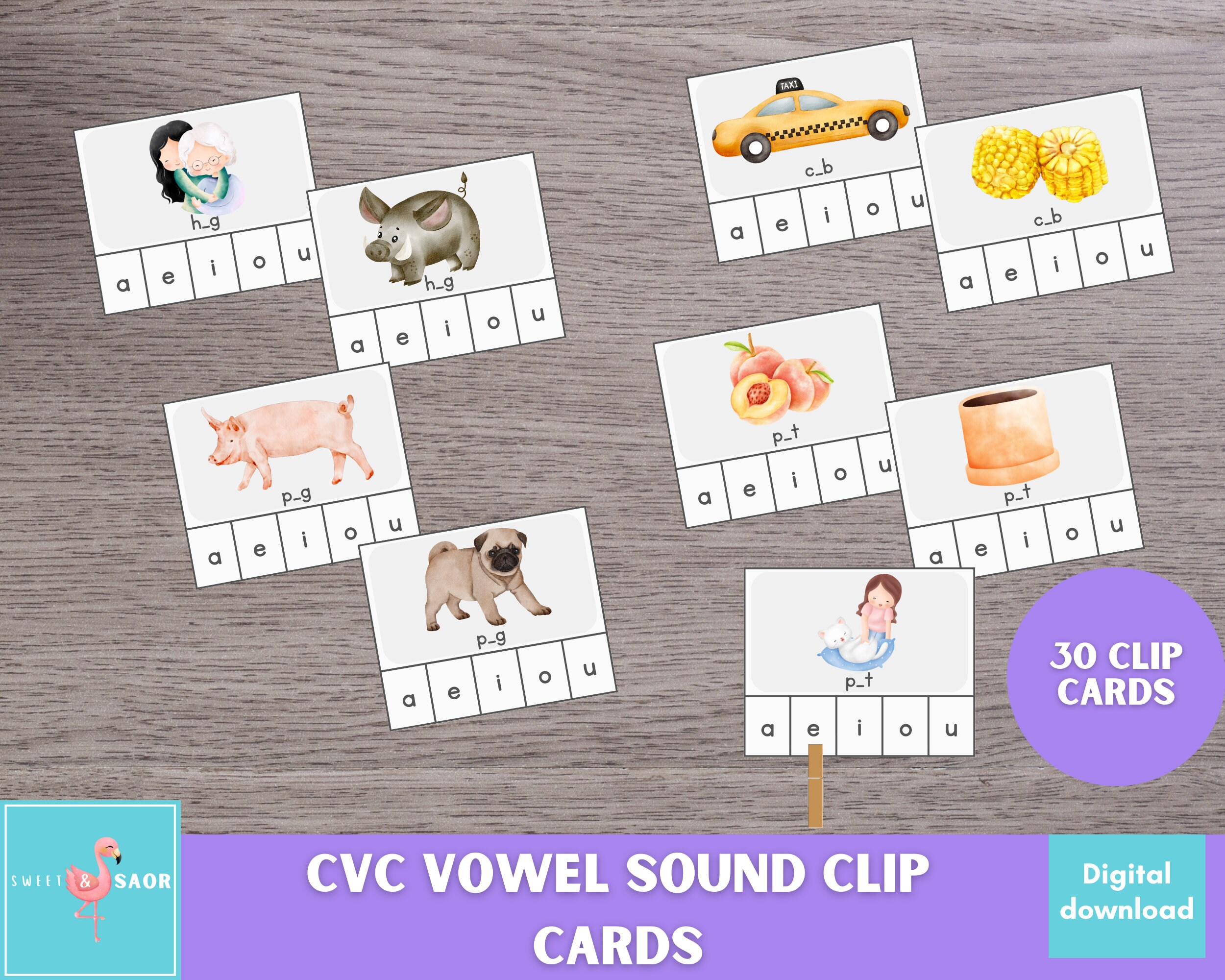 CVC Vowel Sound Clip Cards, Phonics Printable, CVC Middle Sounds Clip ...