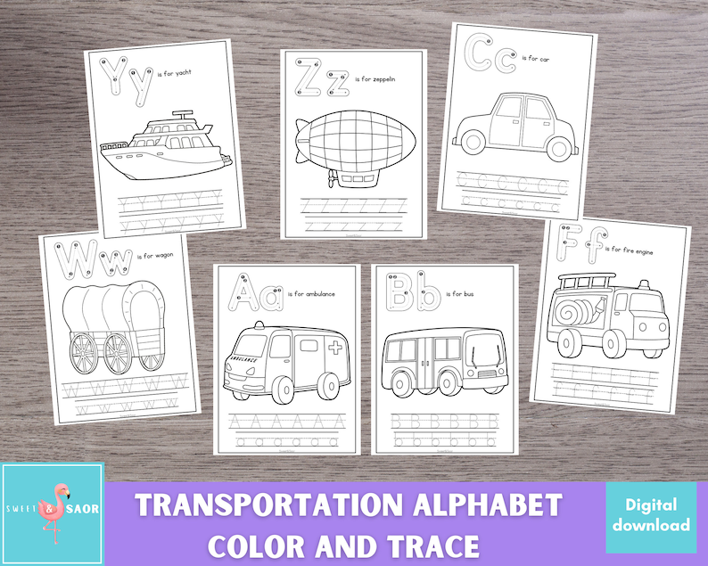 Transportation Alphabet Coloring Pages: ABC Tracing Practice (preschool ...