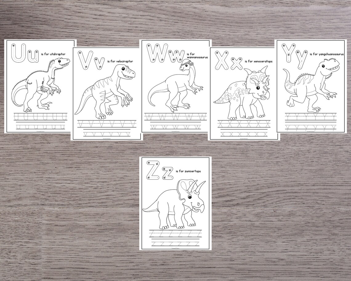 Dinosaur Alphabet Coloring Pages: Letter Tracing Worksheets (digital ...