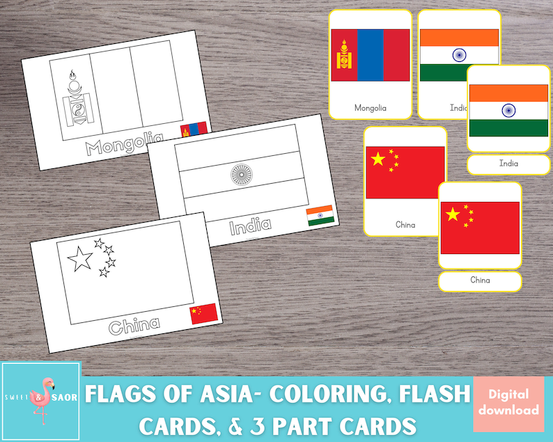 ASIA Flags Coloring Pages, Flags of Asia Flash Cards, Montessori Asian ...