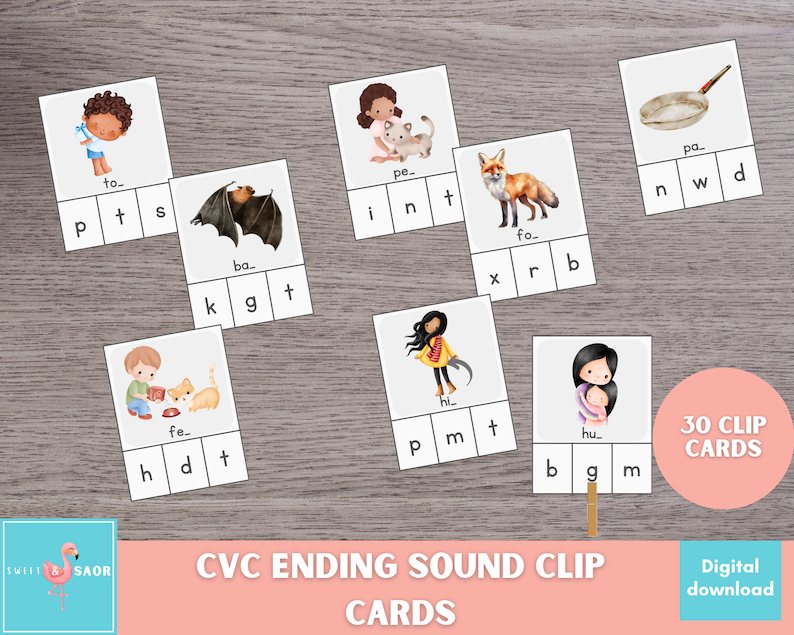 CVC Ending Sound Clip Cards, Phonics Printable, Ending Sound Printable ...