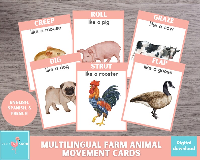 Farm Animal Movement Cards: Multilingual Action Cards (PDF) - Etsy