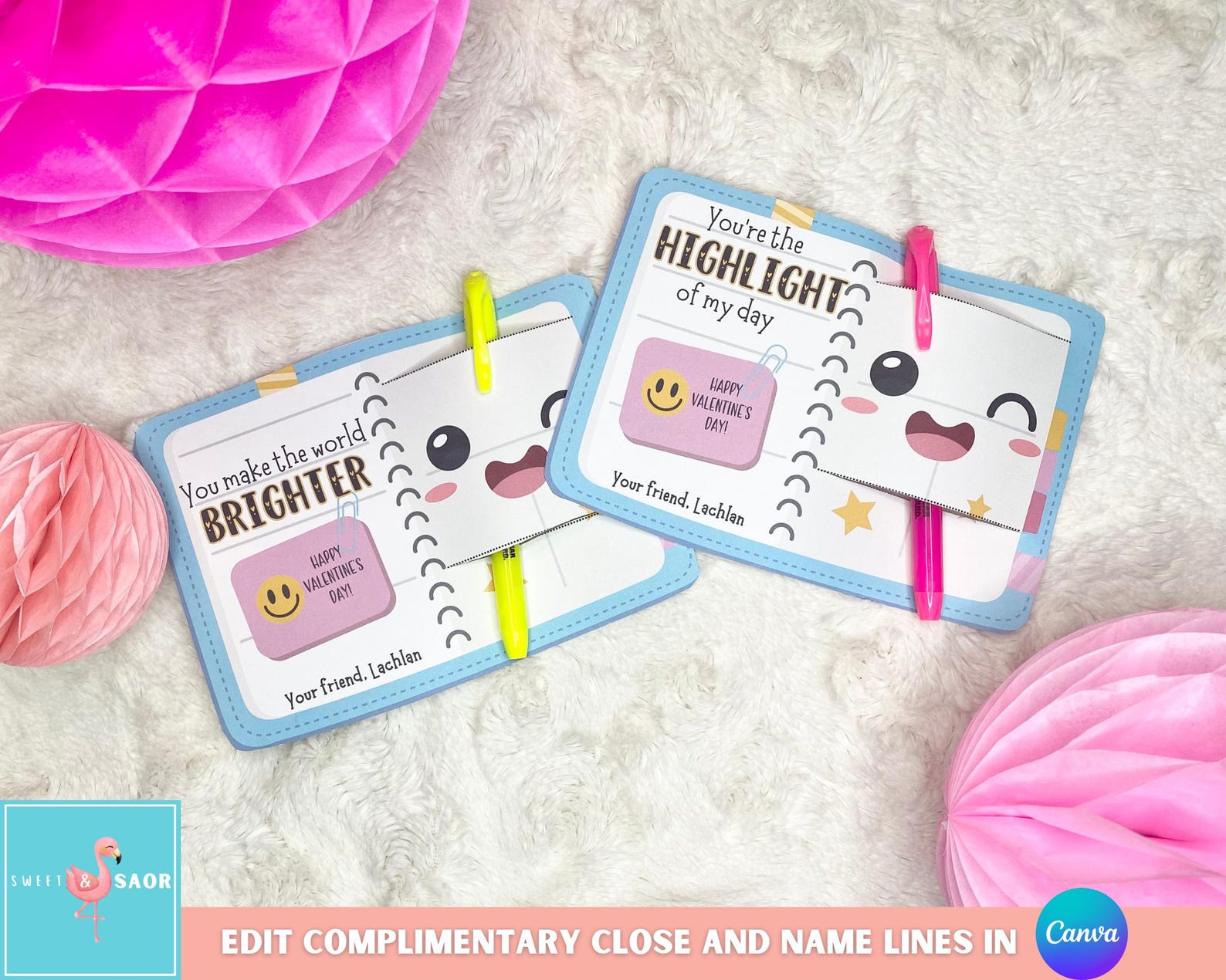 Printable Highlighter Valentine Gift Tags: Editable Classroom Cards ...
