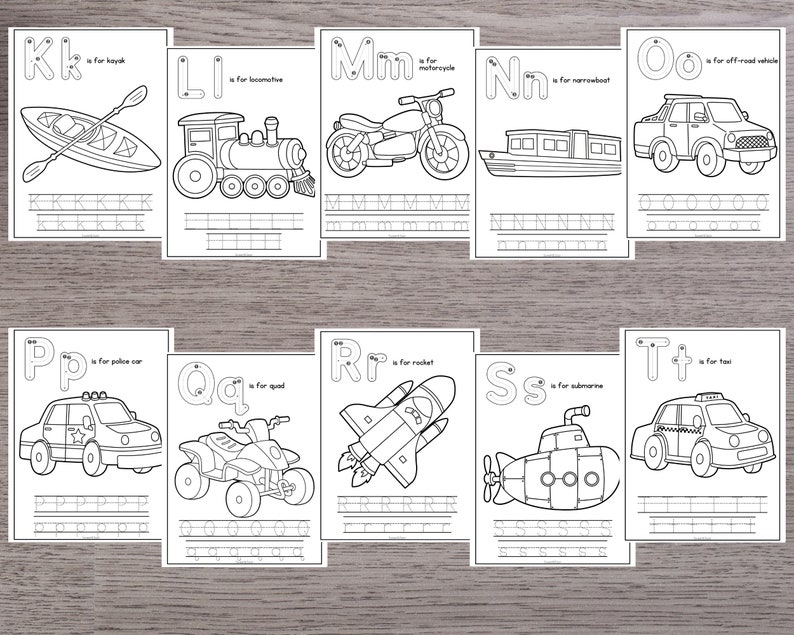 Transportation Alphabet Coloring Pages: ABC Tracing Practice (preschool ...