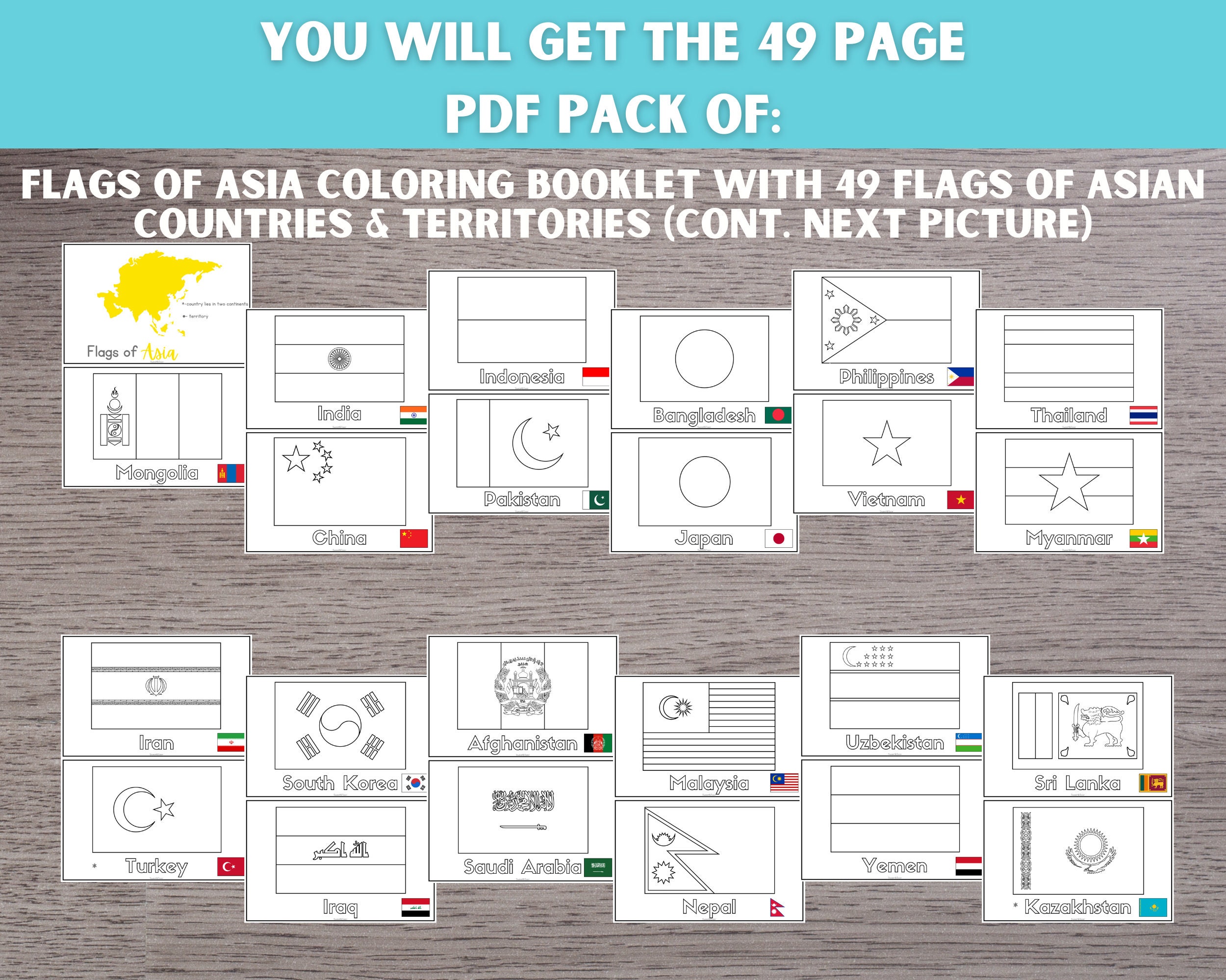 ASIA Flags Coloring Pages, Flags of Asia Flash Cards, Montessori Asian ...