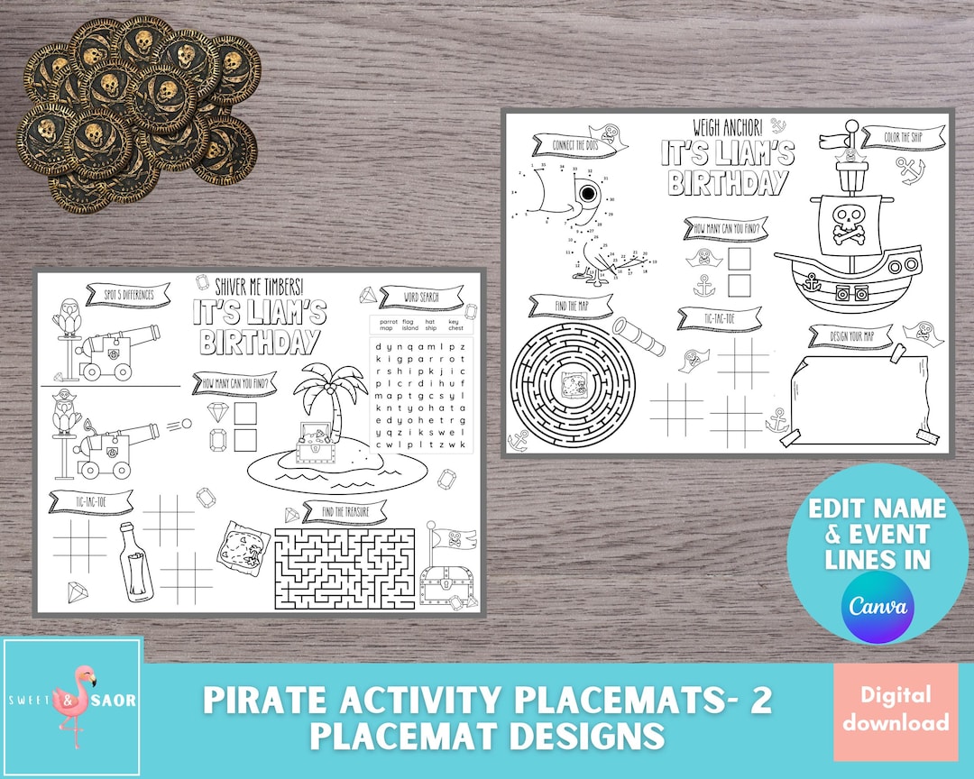Printable Pirate Activity Placemat, Editable Pirate Birthday Coloring ...