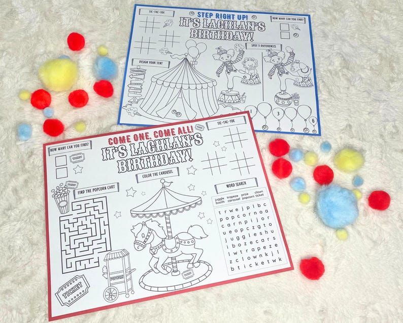 Editable Carnival Party Placemat, Circus Birthday Party Coloring Page ...