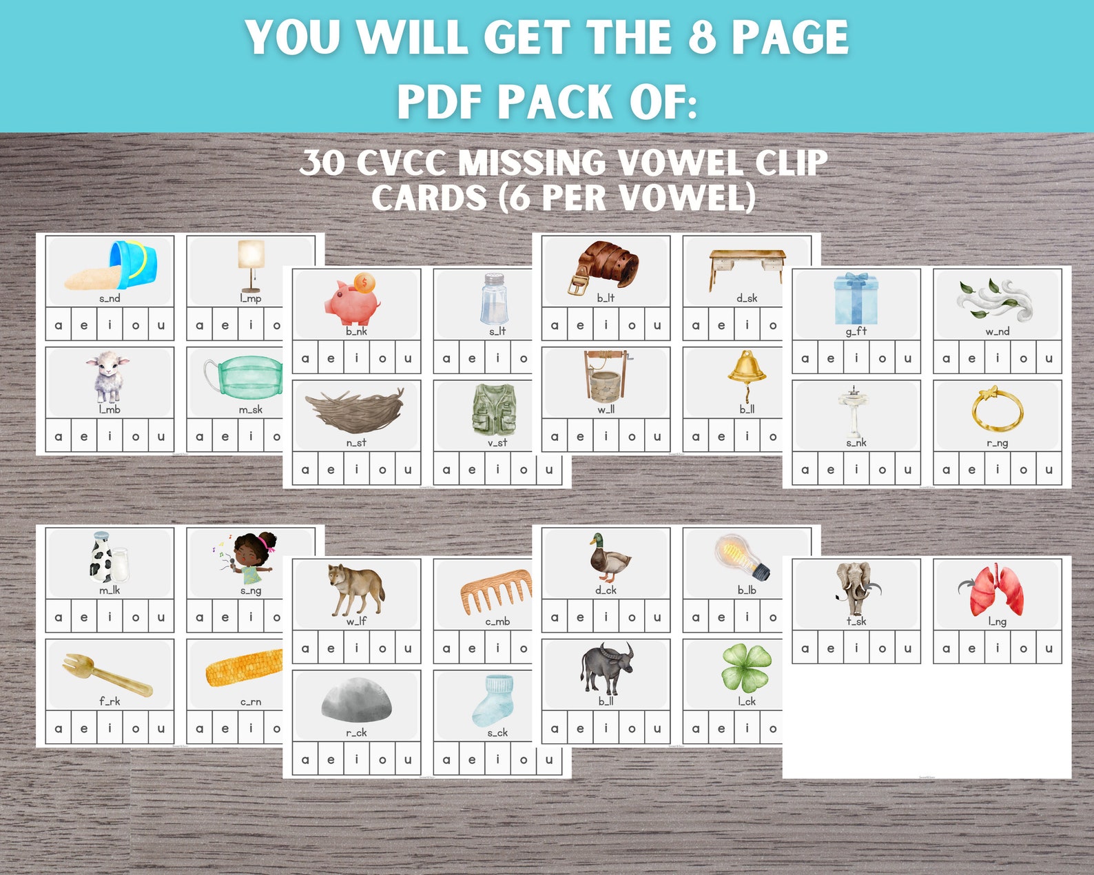 CVCC Words Missing Vowel Clip Cards, Montessori Phonics Printable ...