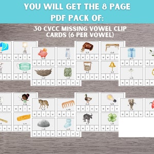 CVCC Words Missing Vowel Clip Cards, Montessori Phonics Printable ...