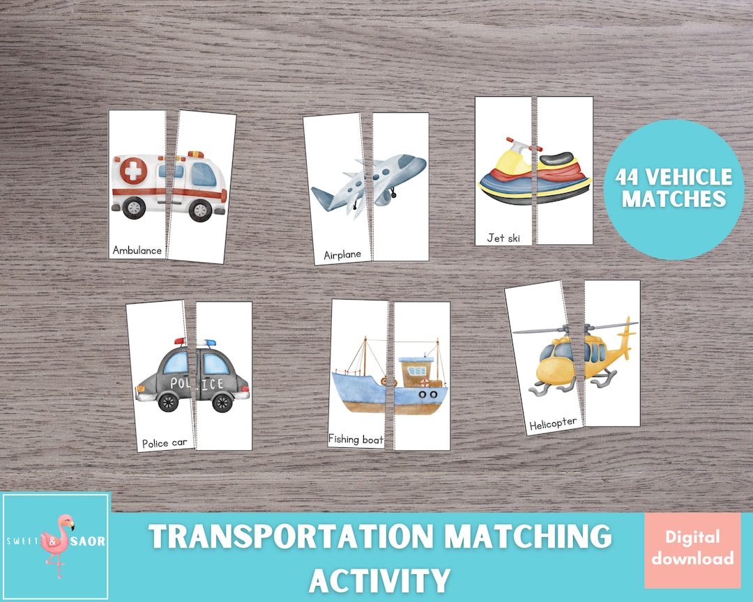 Vehicles Matching Activity, Transportation Matching Game, Symmetry ...