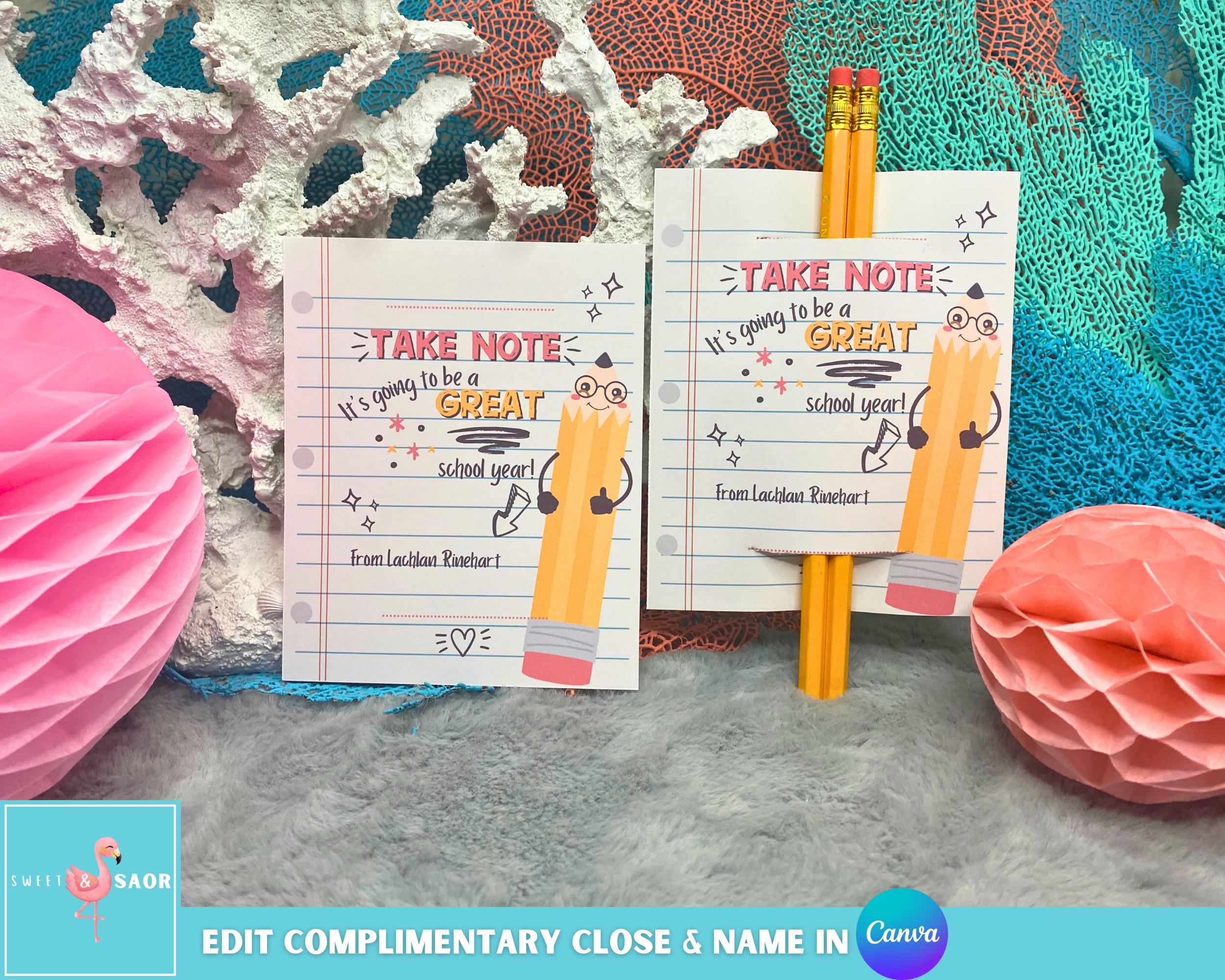 Back to School Pencil Gift Tag Printable: Editable Take Note Template ...