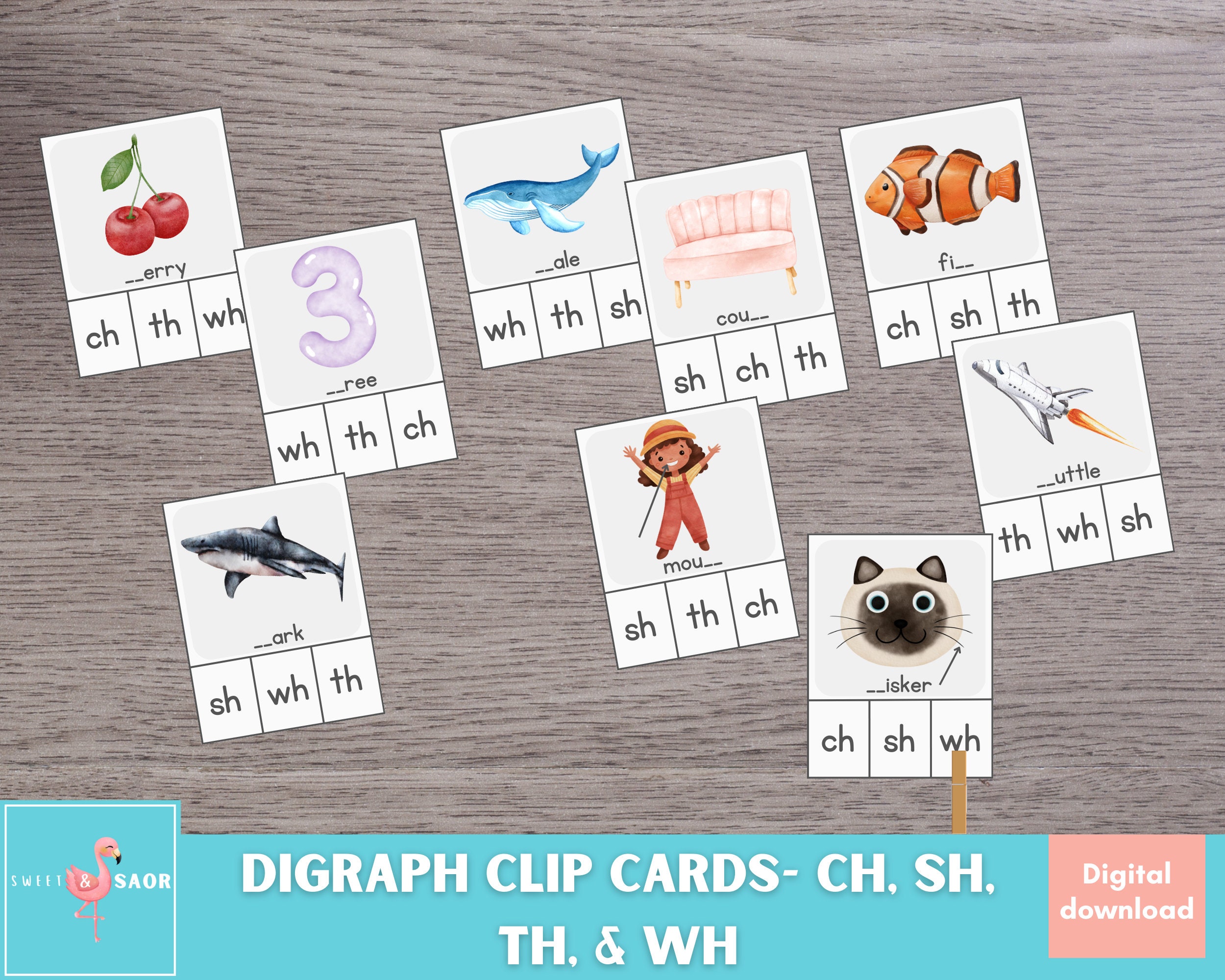 Digraph Clip Cards, Beginning Digraphs, Ending Digraphs, Phonics ...