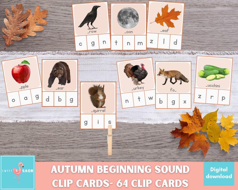 Autumn Beginning Sound Clip Cards, Fall First Letter Sounds Clip Cards ...