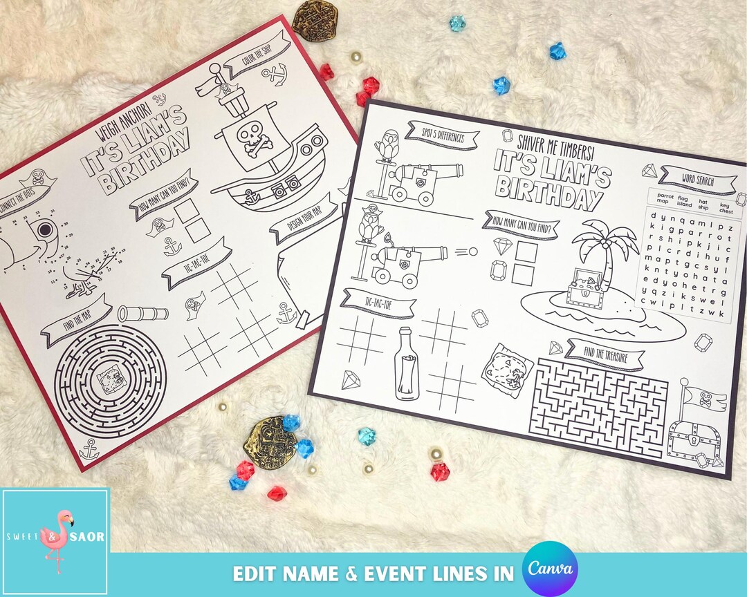 Editable Pirate Birthday Activity Placemat: Printable Coloring Pages ...