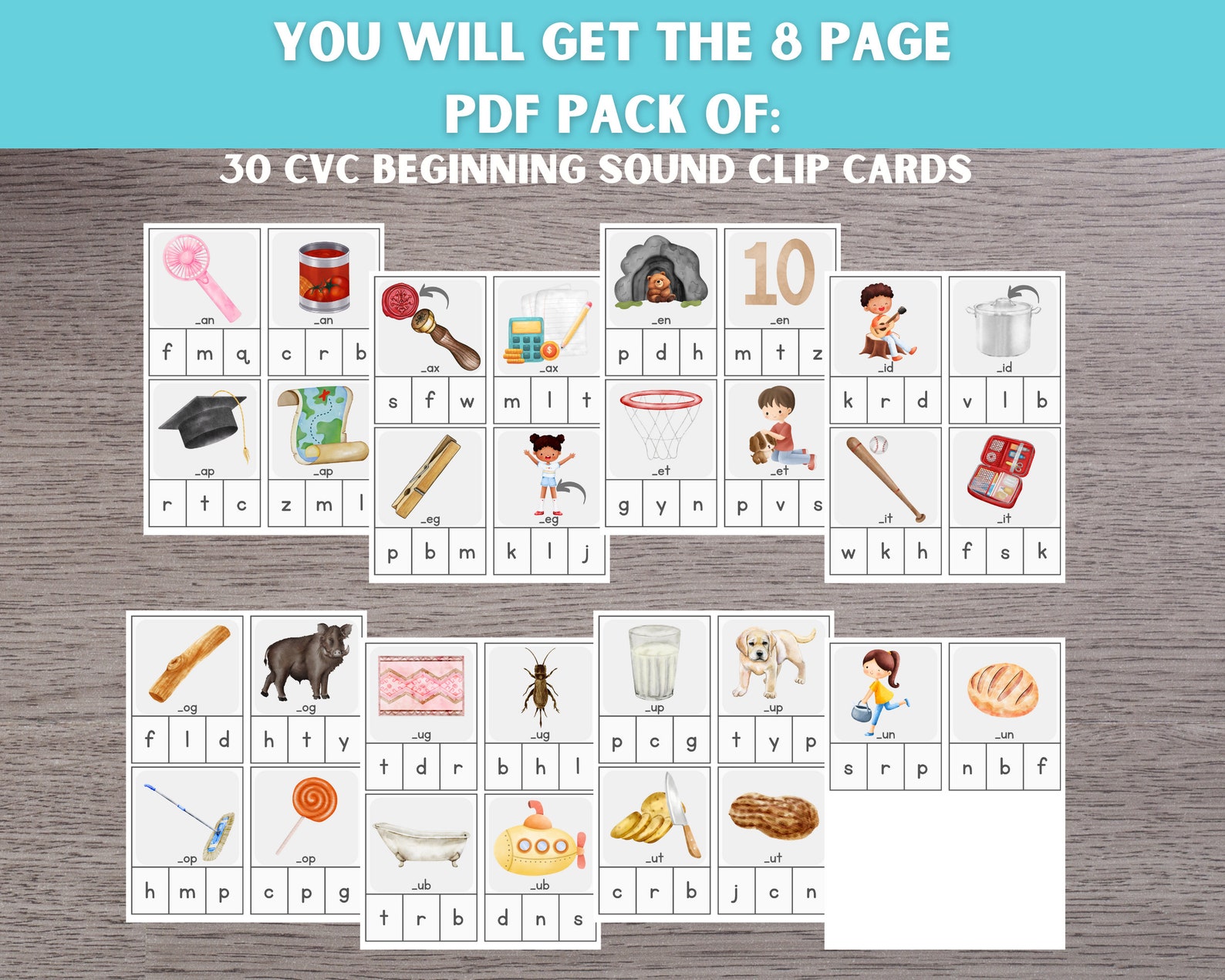 CVC Beginning Sound Clip Cards, Phonics Printable, Beginning Sound ...