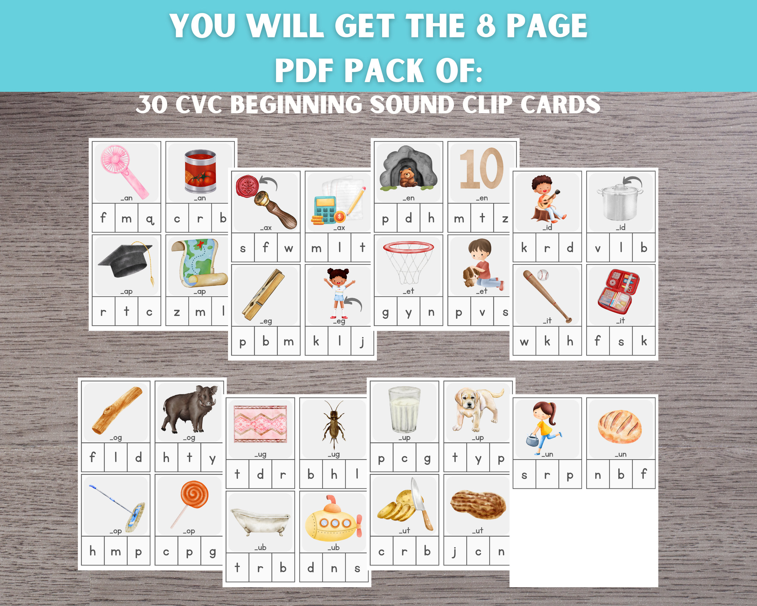 CVC Beginning Sound Clip Cards, Phonics Printable, Beginning Sound ...
