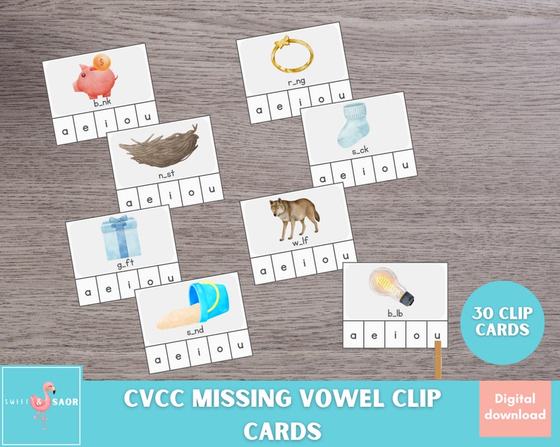 CVCC Words Missing Vowel Clip Cards, Montessori Phonics Printable ...