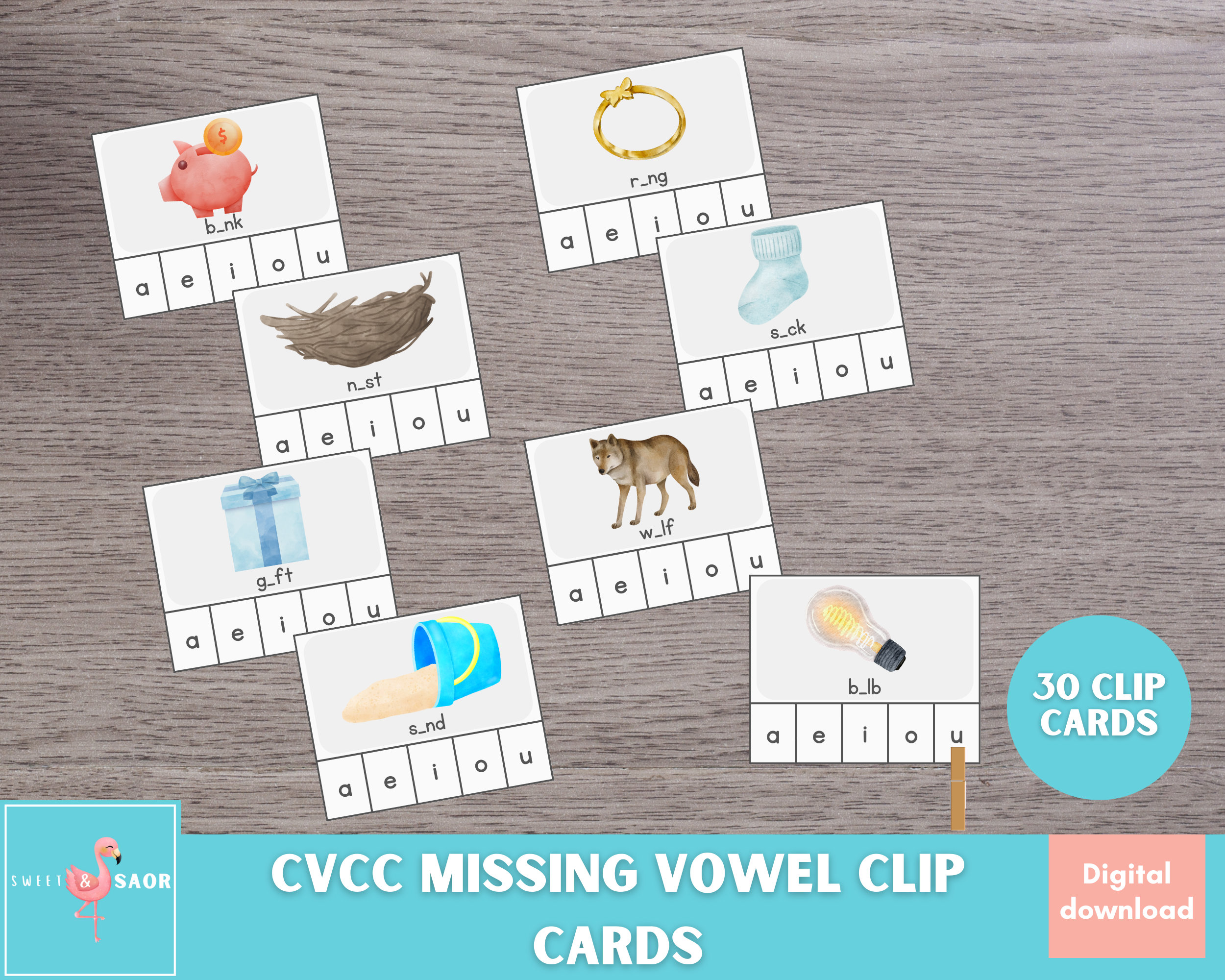 CVCC Words Missing Vowel Clip Cards, Montessori Phonics Printable ...